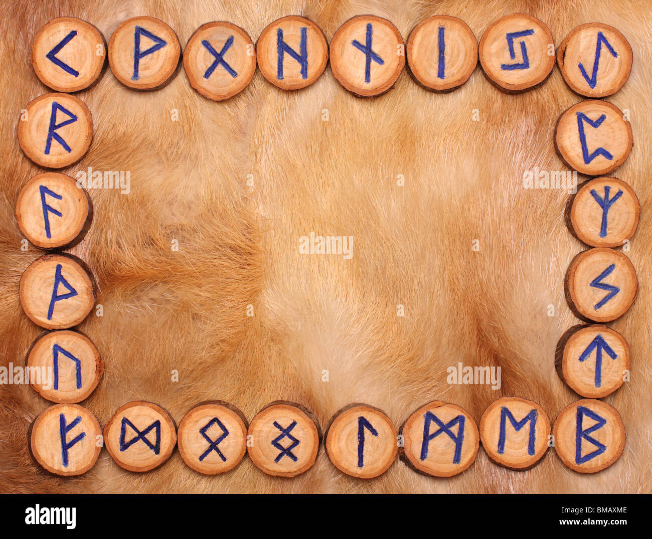 Frame of runes on the fur background, set in alphabetical order futhark ...