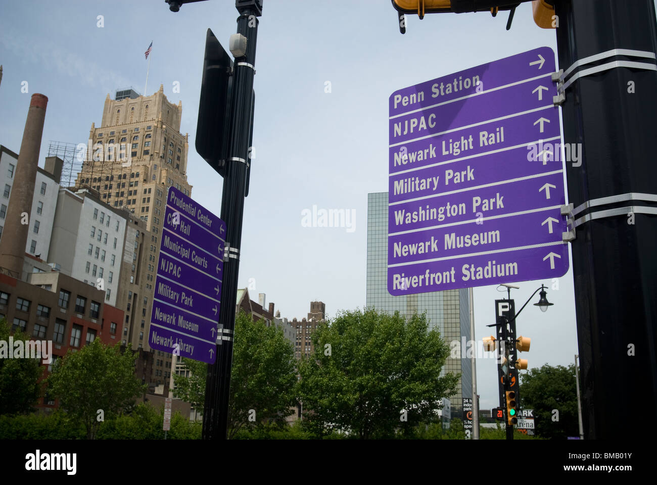 Direction sign in Newark, New Jersey points out the various landmarks ...