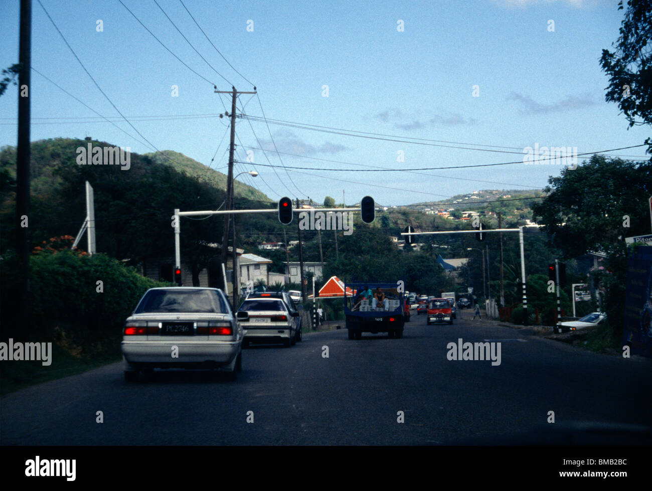 St Lucia Road Between Castries And Rodney Bay Cars At Traffic Lights ...