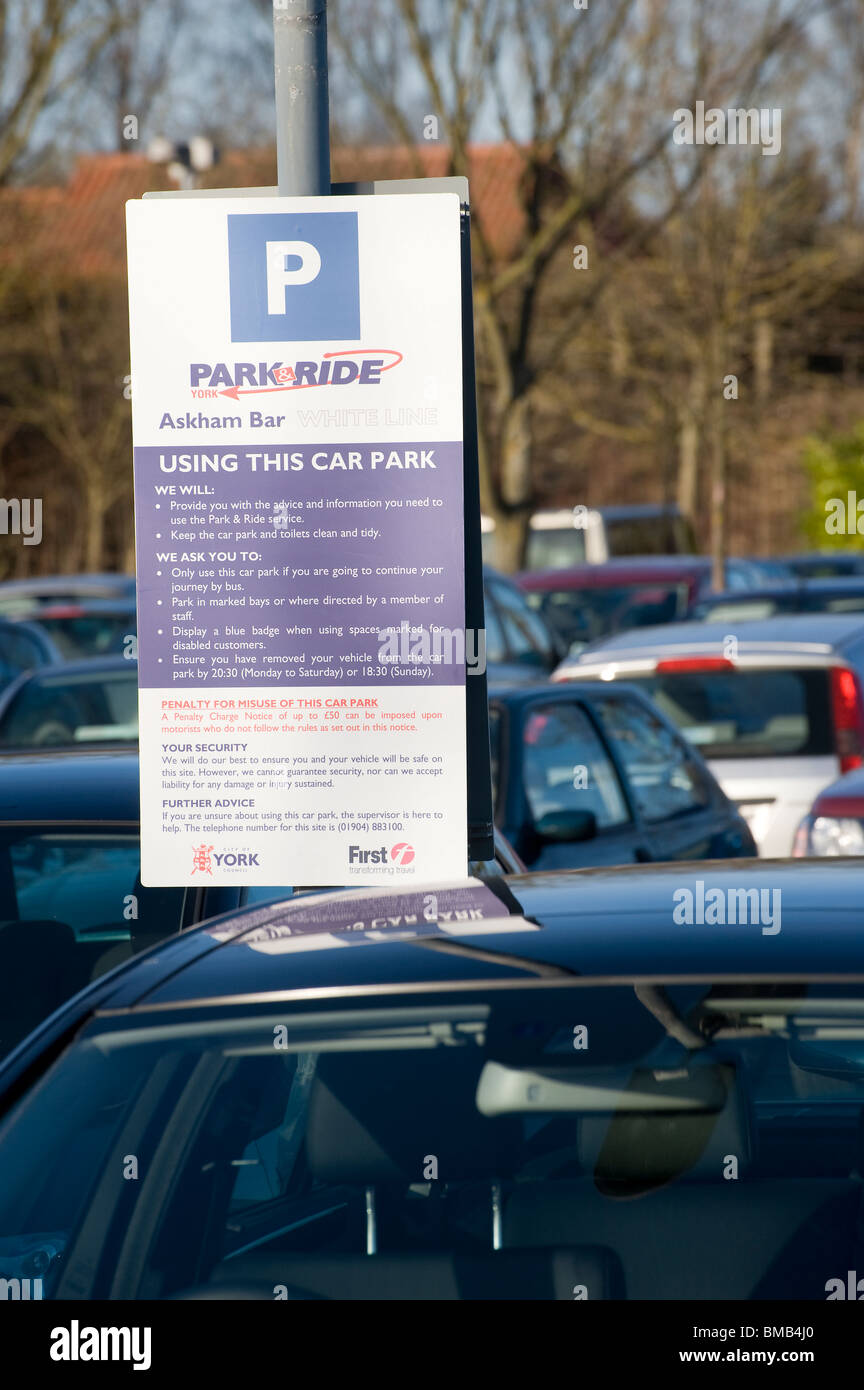 Park and ride sign and cars parked in Askham Bar car park, York City ...