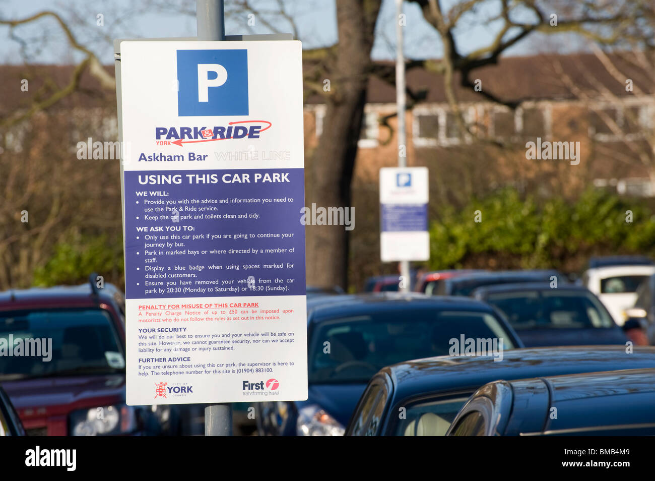 Park and ride sign and cars parked in Askham Bar car park, York City ...