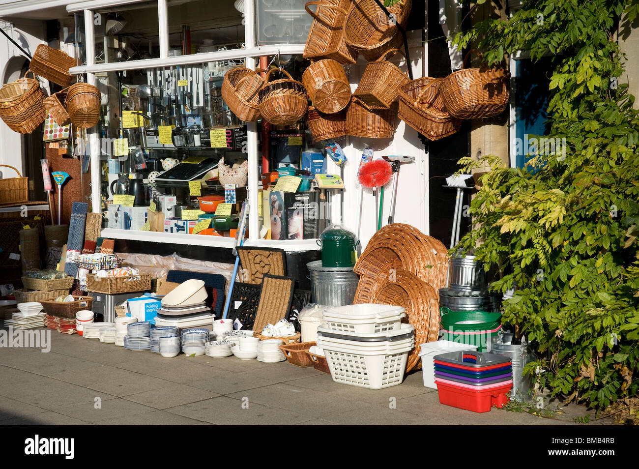 Wicker baskets and other items outside a houseware and hardware shop in ...