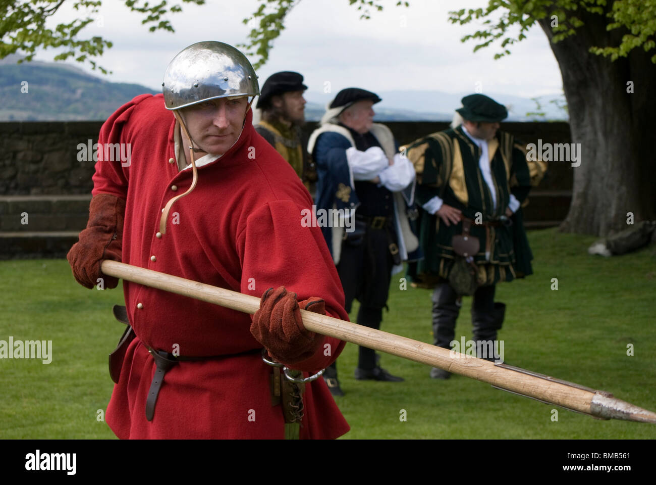 16th century Scottish Soldier of the Guard holding a pike, part of an ...