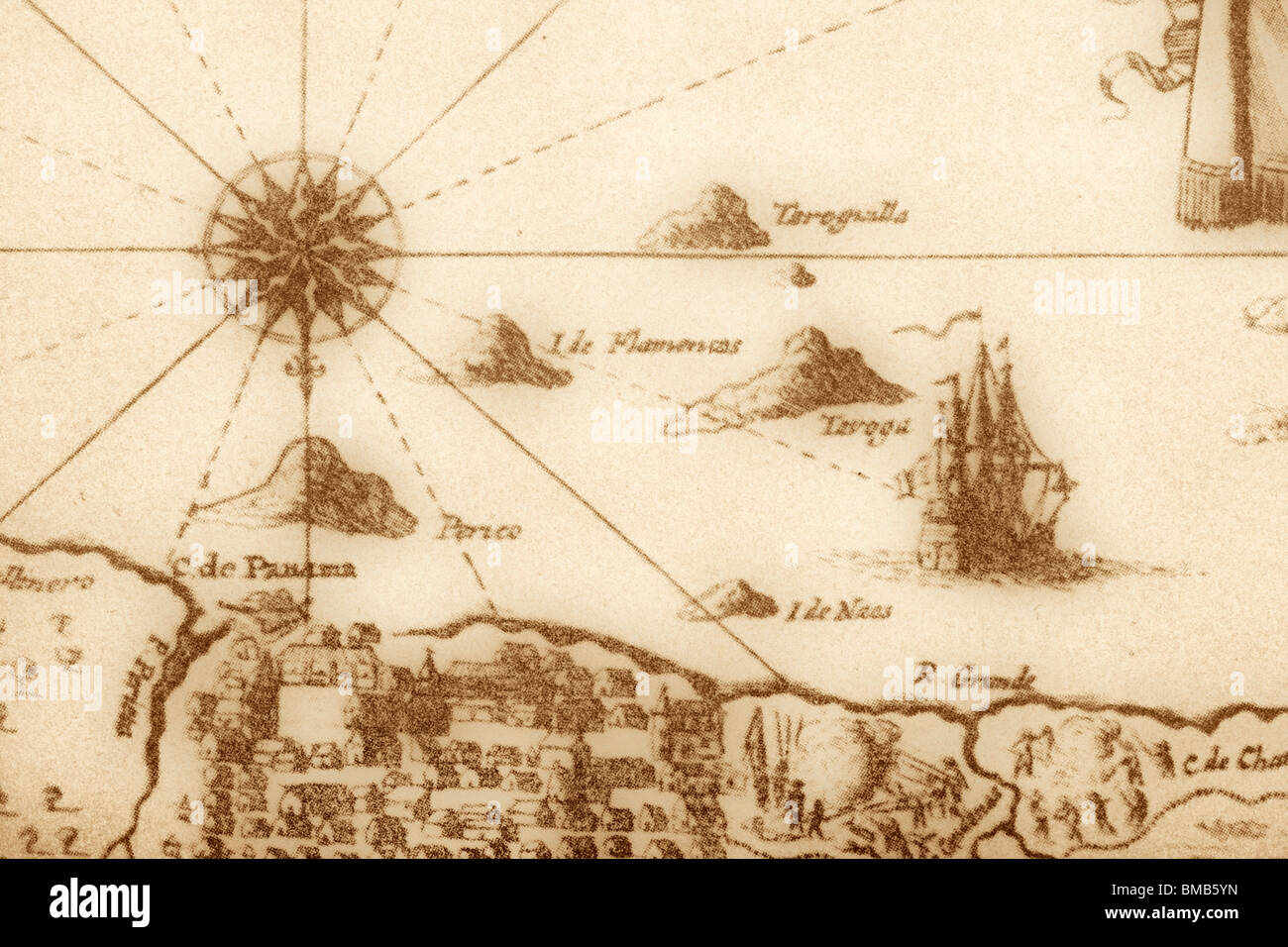 Vintage map with islands, ship and compass Stock Photo - Alamy