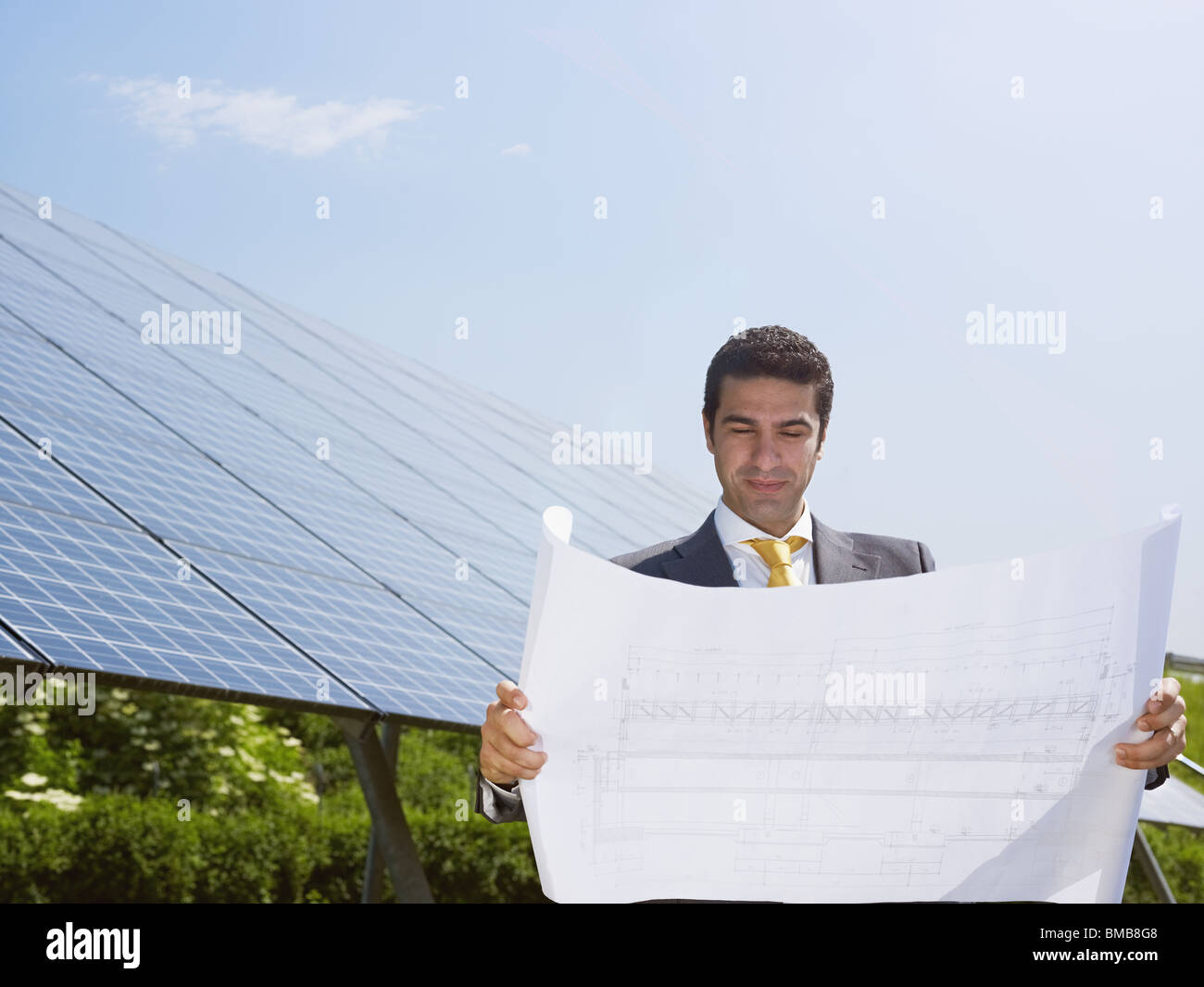 engineer reading blueprints near solar panels Stock Photo - Alamy