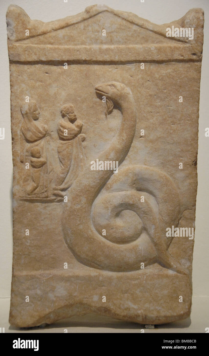 Relief with Zeus Meilichios depicted as a snake. 350-300 BC. National ...