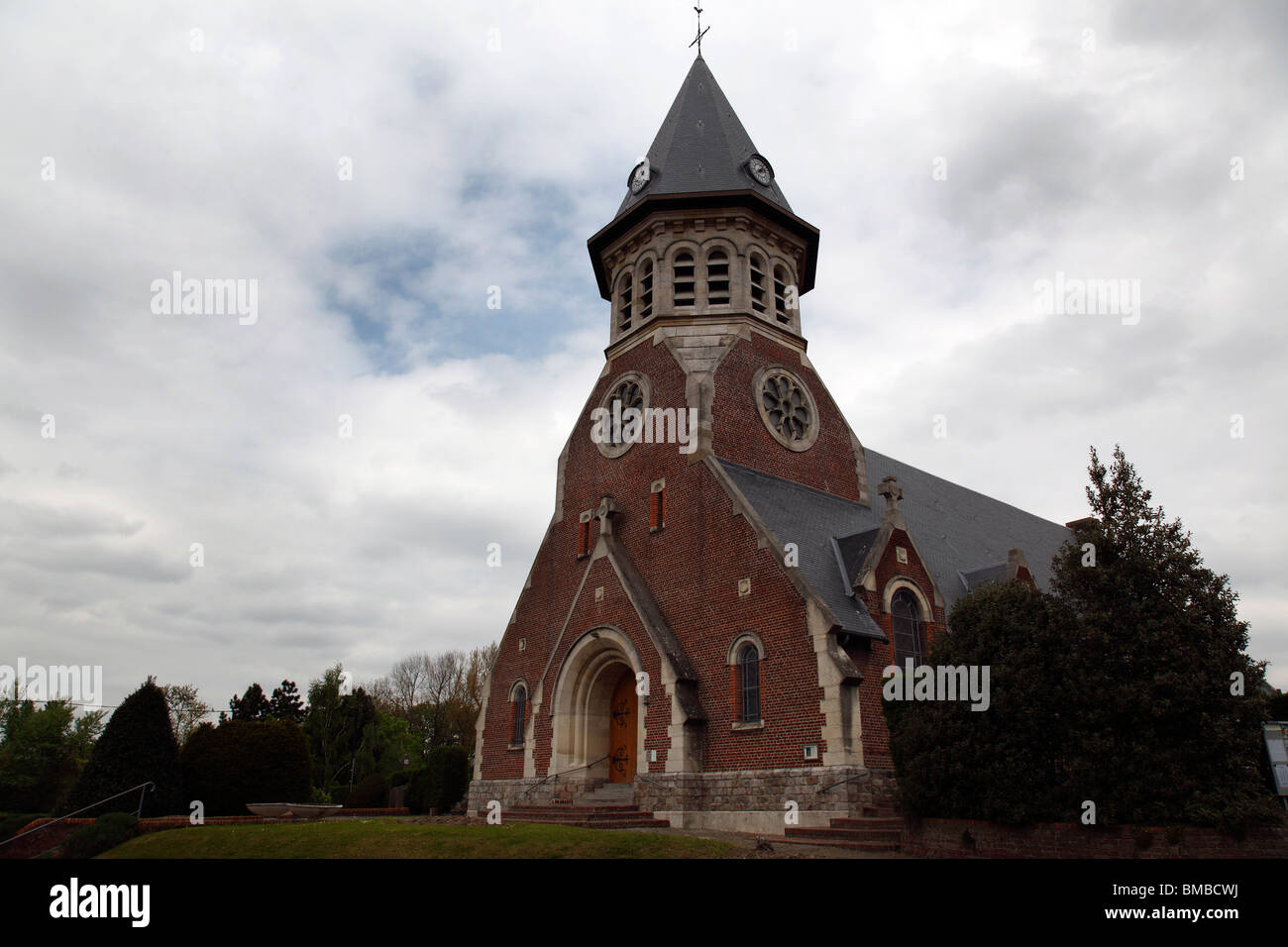The church and war memorial in Fromelles village in France, close to ...
