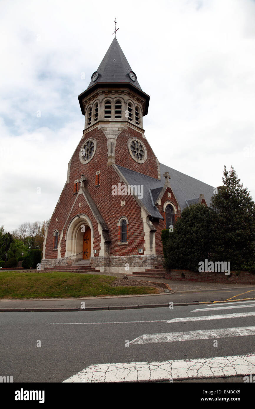 The church and war memorial in Fromelles village in France, close to ...