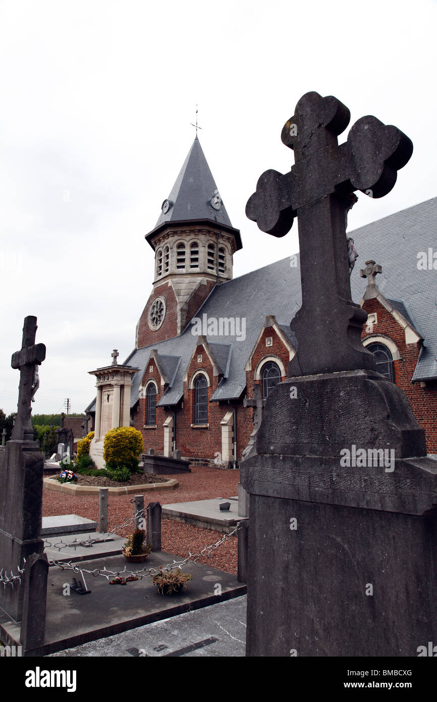 The church and war memorial in Fromelles village in France, close to ...