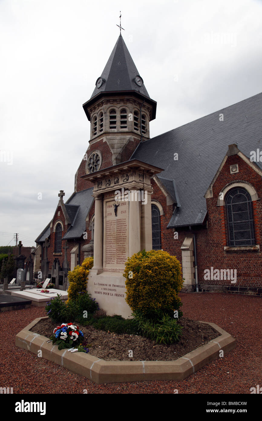 The church and war memorial in Fromelles village in France, close to ...