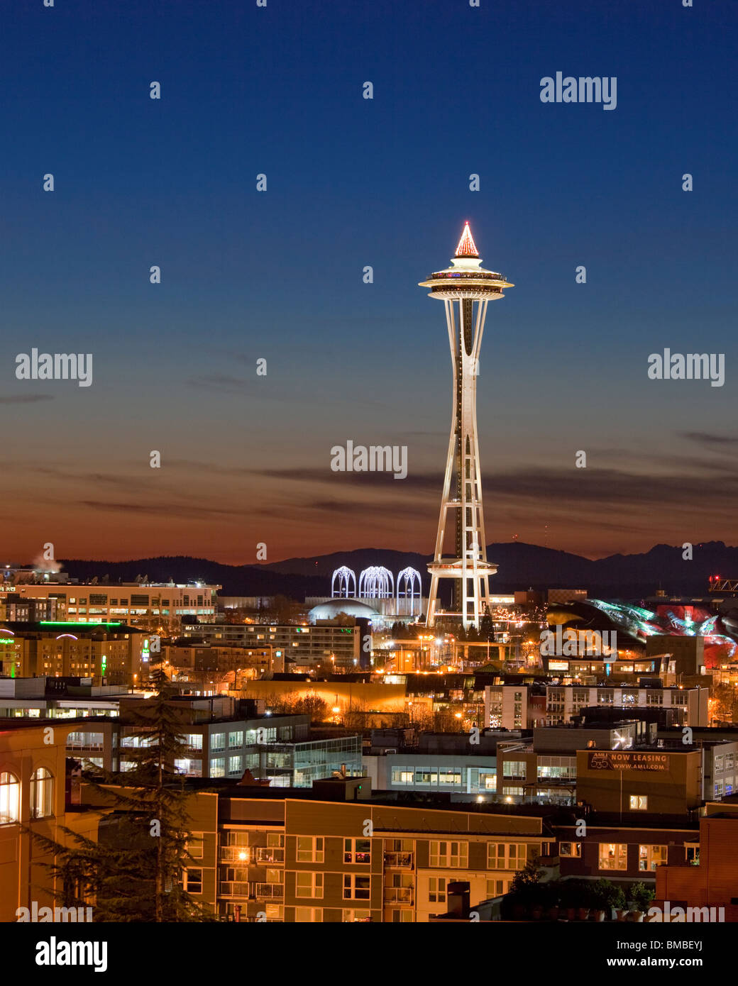 Seattle, WA Winter sky twilight colors behind the Space Needle and ...