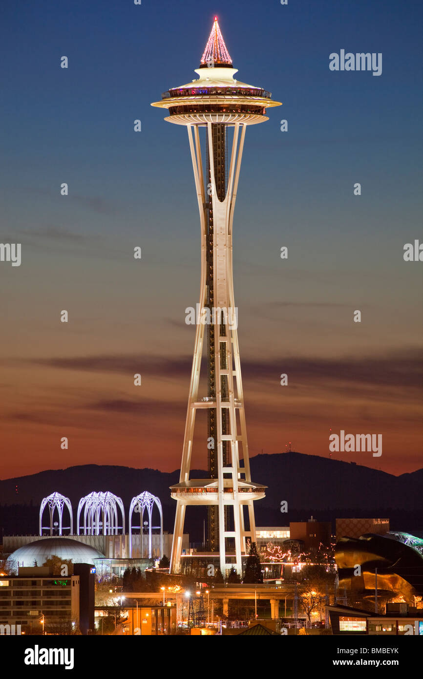 Seattle, WA Winter sky twilight colors behind the Space Needle and ...