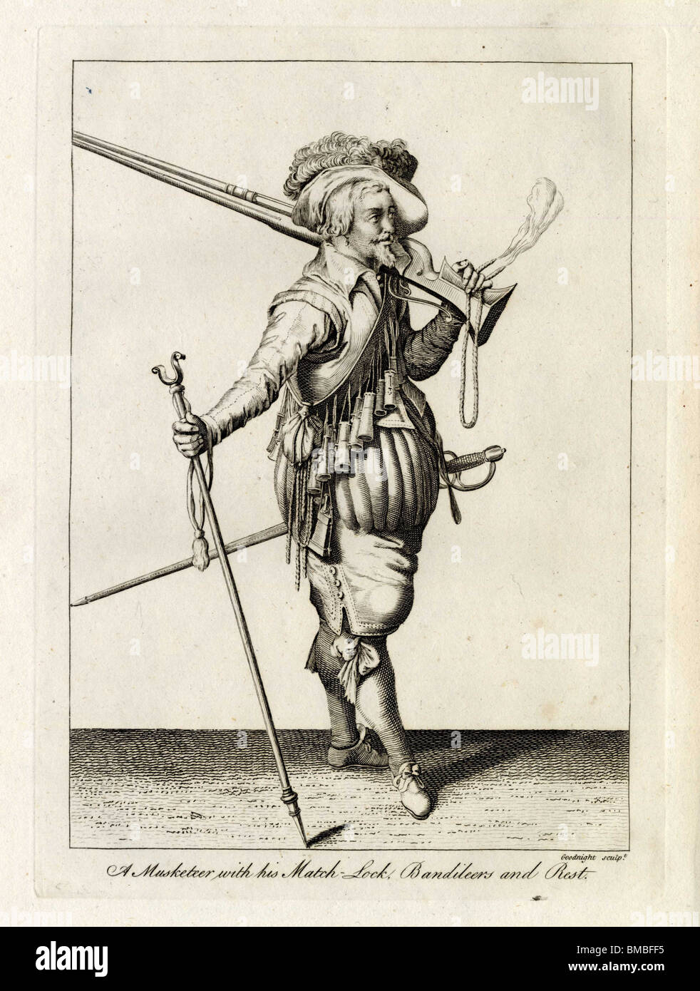 A musketeer with his matchlock, bandileers and rest (17th century Stock ...