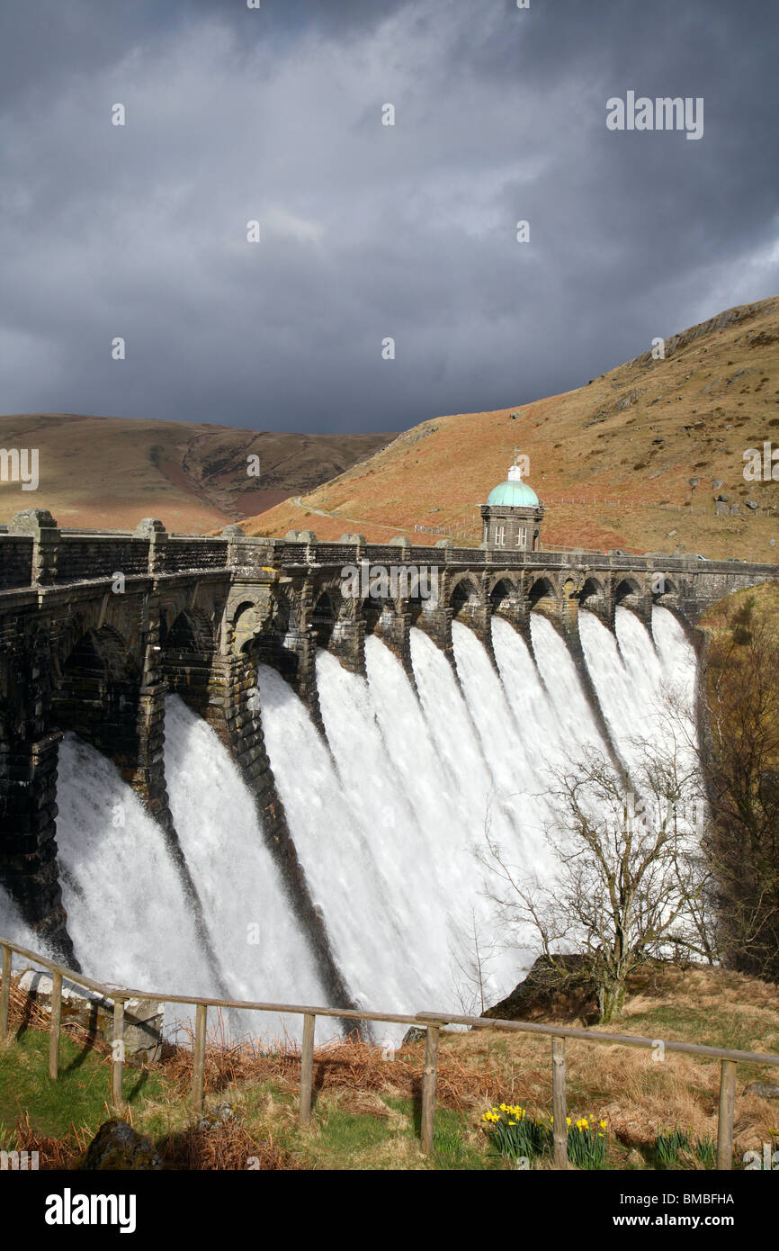 Water overflowing a dam, Craig Goch reservoir, Elan Vally Wales Stock ...
