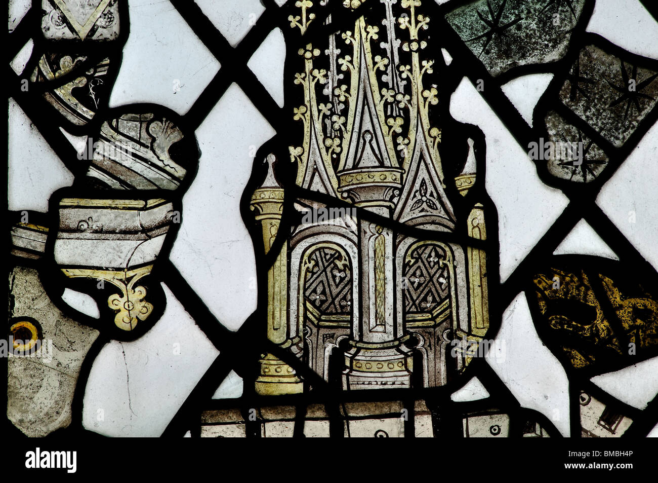 Medieval stained glass fragments, St. Swithin`s Church, Lower Quinton ...