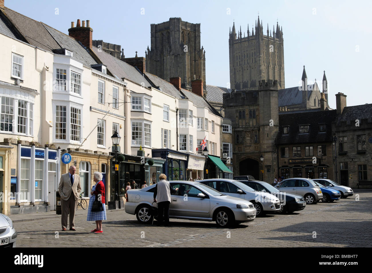 Market Street shops and Wells Cathedral in Wells town centre Somerset ...