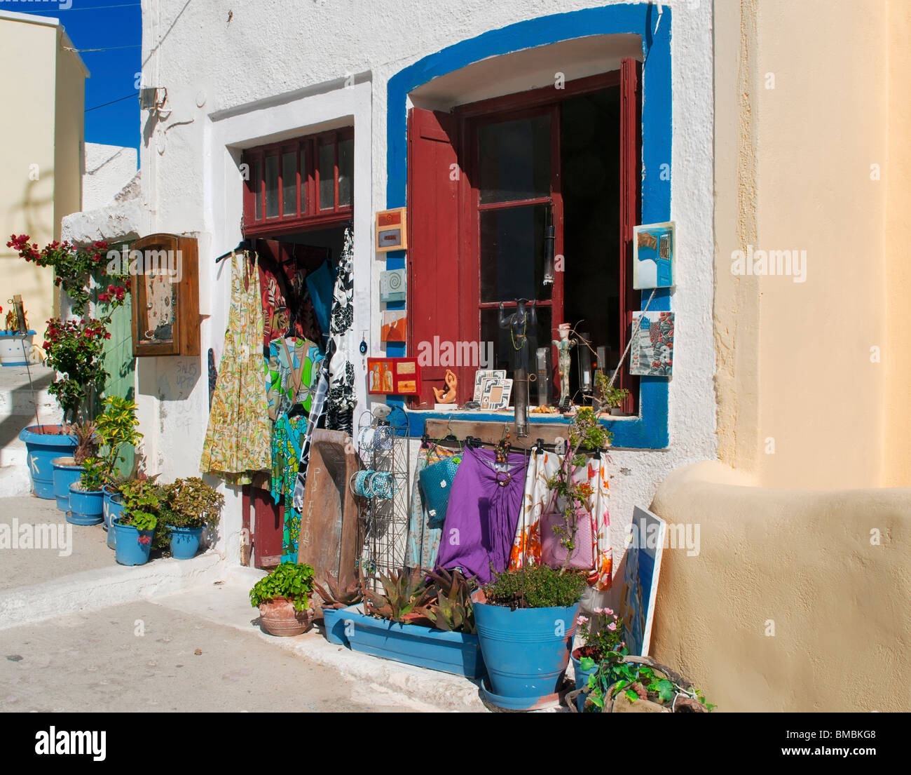 The colorful store front of a gift shop in the town of Pyrgos ...