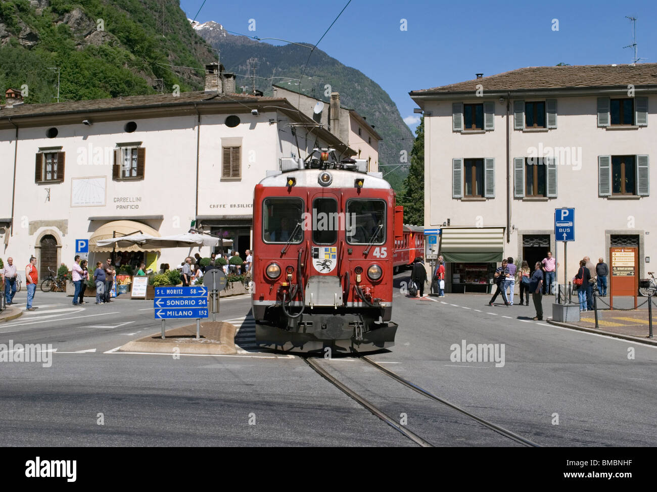 Bernina Express train in Tirano, Valtelline, Italy Stock Photo - Alamy