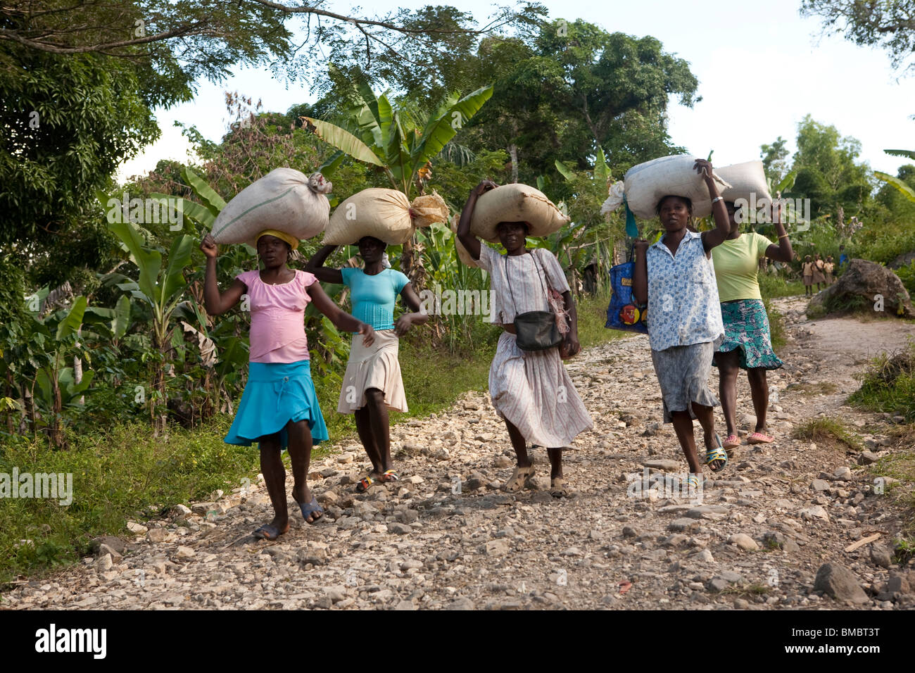 Women carry sacks of rice on their head in Marmelade, Haiti Stock Photo ...