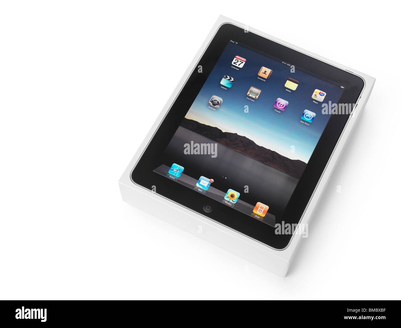 Apple iPad product packaging boxed and wrapped in plastic. Isolated ...