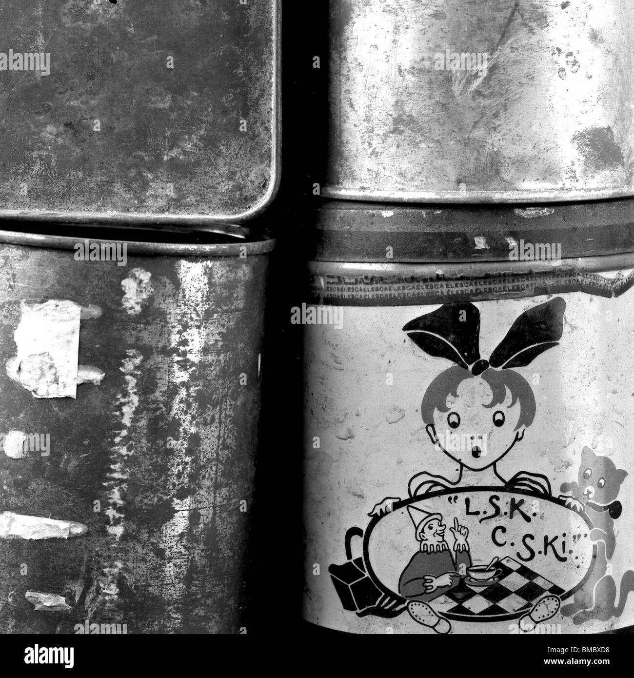 Vintage metal containers with cartoon character and whimsical designs ...
