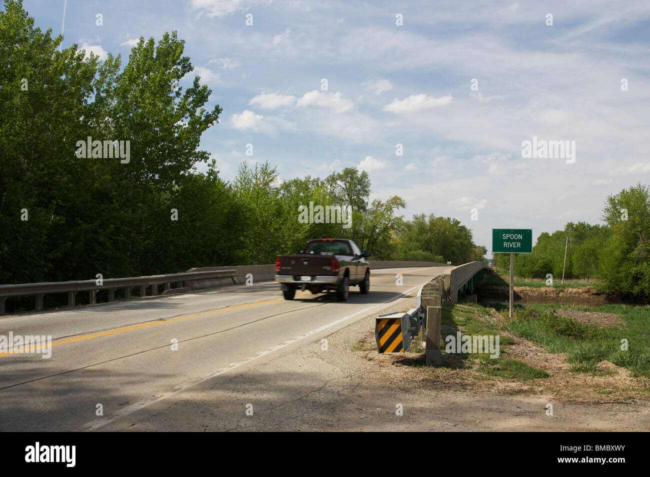 Pickup truck crossing bridge over the Spoon River on Illinois Route 78 ...