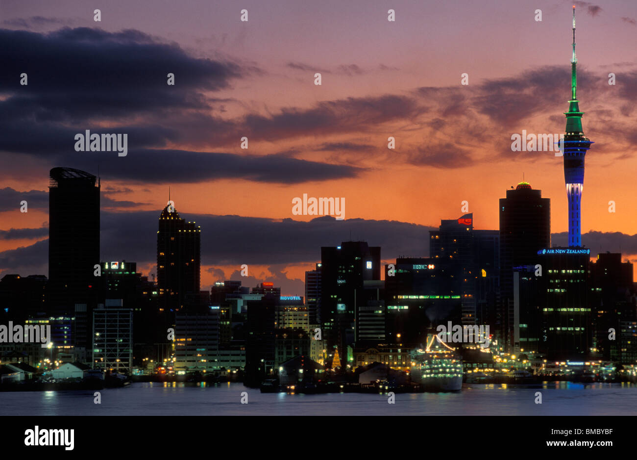 Auckland harbour skyline with Skytower at sunset North Island New ...