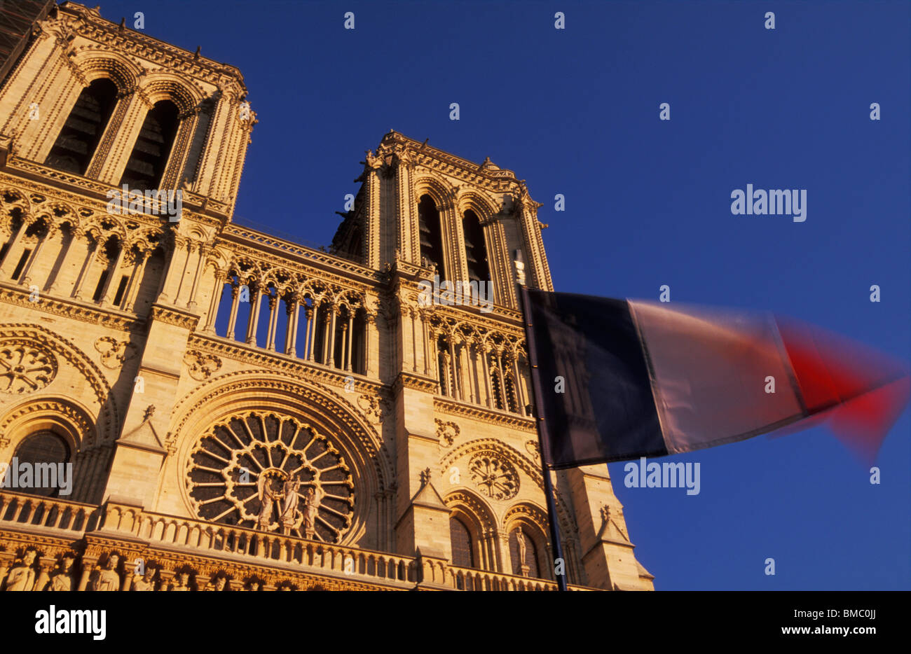 Front facade of the cathedral of Notre Dame with the french flag or ...