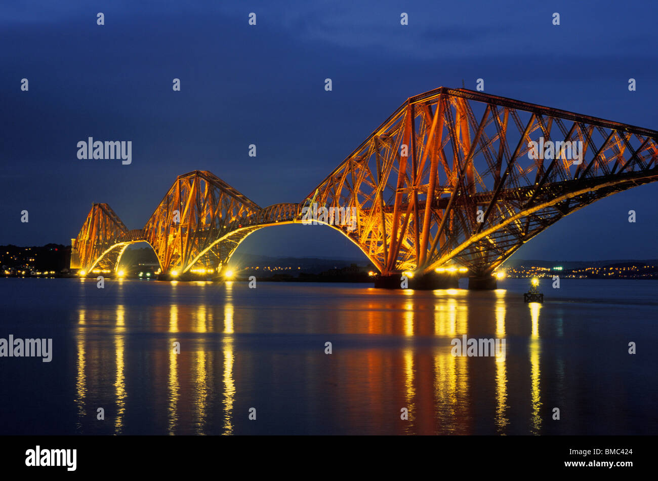Forth rail bridge illuminated at night South Queensferry Edinburgh ...