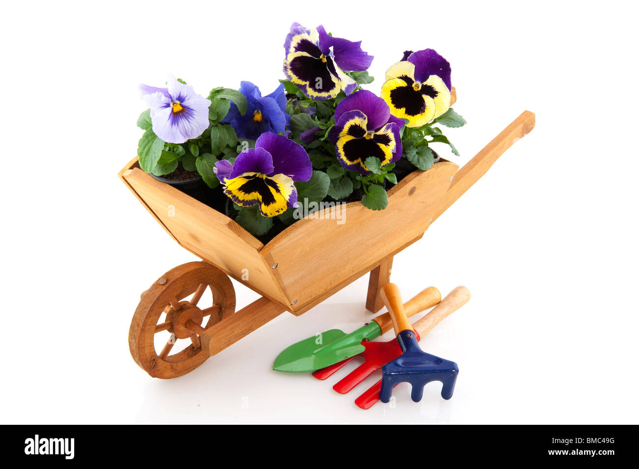 wooden wheelbarrow with work tools and plants Stock Photo - Alamy