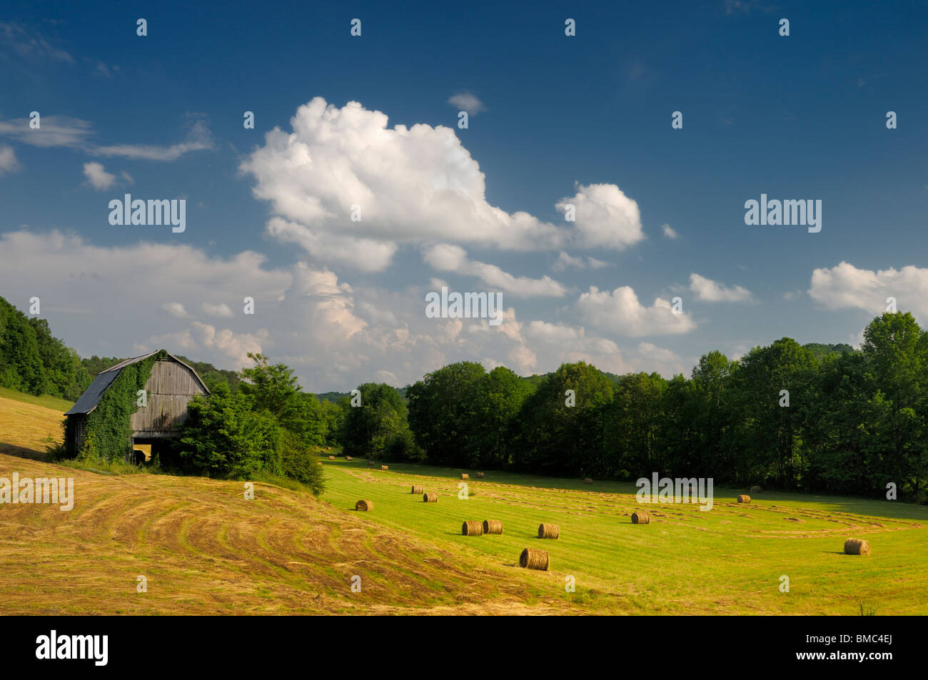 Barn and hay bales down on the farm in Grainger County, Tennessee, USA ...
