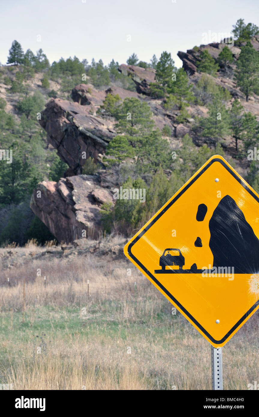 Falling rock warning road sign, New Mexico, USA Stock Photo - Alamy
