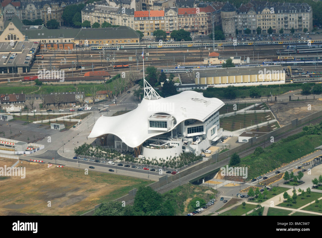 Aerial view of the Centre Pompidou (cultural center). Metz, Moselle ...
