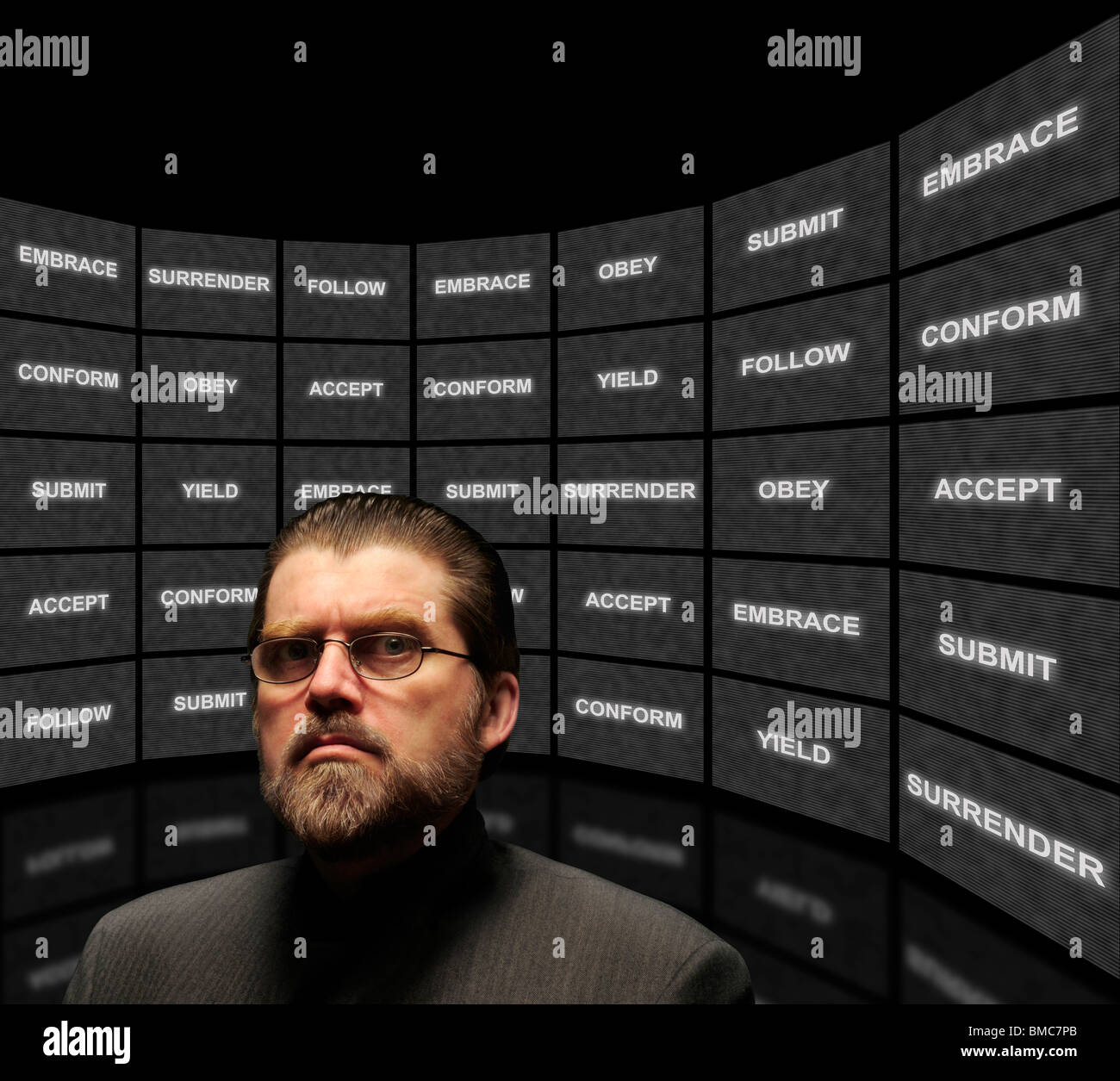 Orwellian character standing in front of indoctrination screens with ...