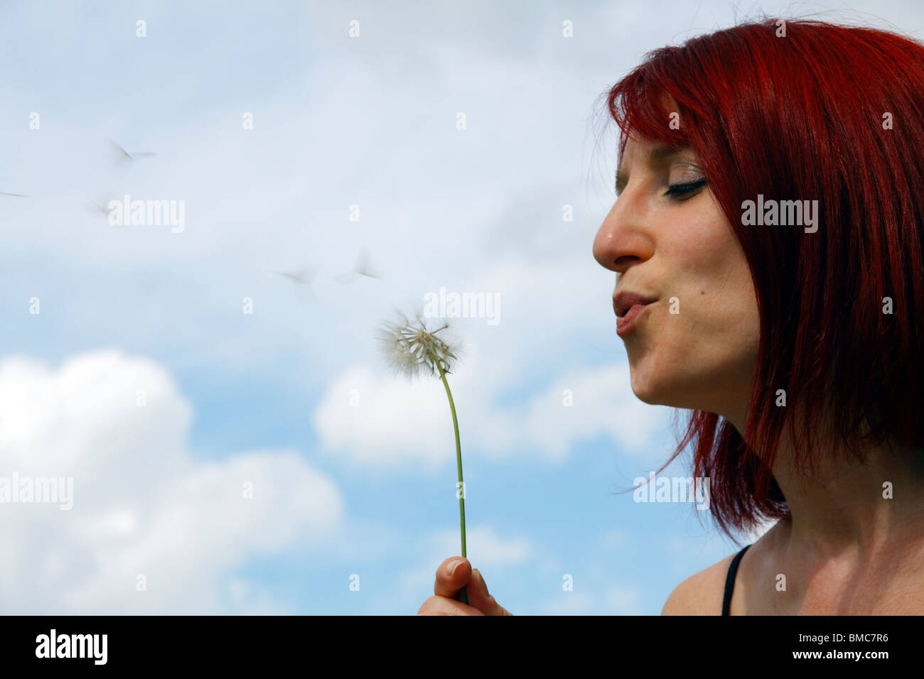 A woman blowing a dandelion Stock Photo - Alamy