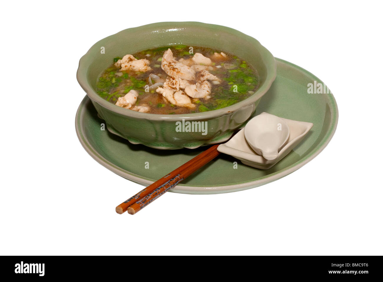 Gaoy Teaw (Thai Chicken Soup) cut out on white background Stock Photo ...
