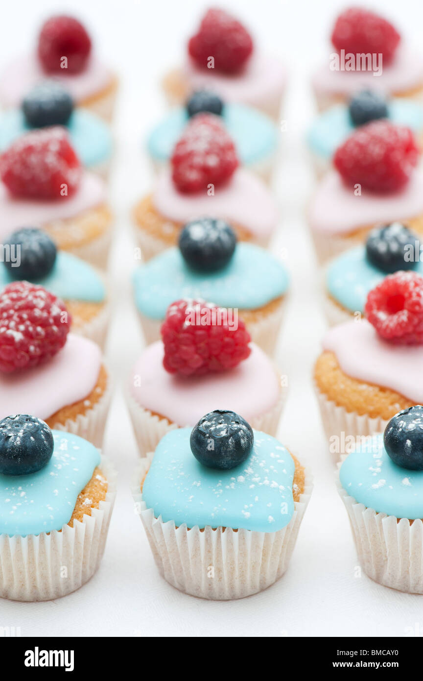 Colourful blueberry and raspberry mini fruit cupcakes on a white ...