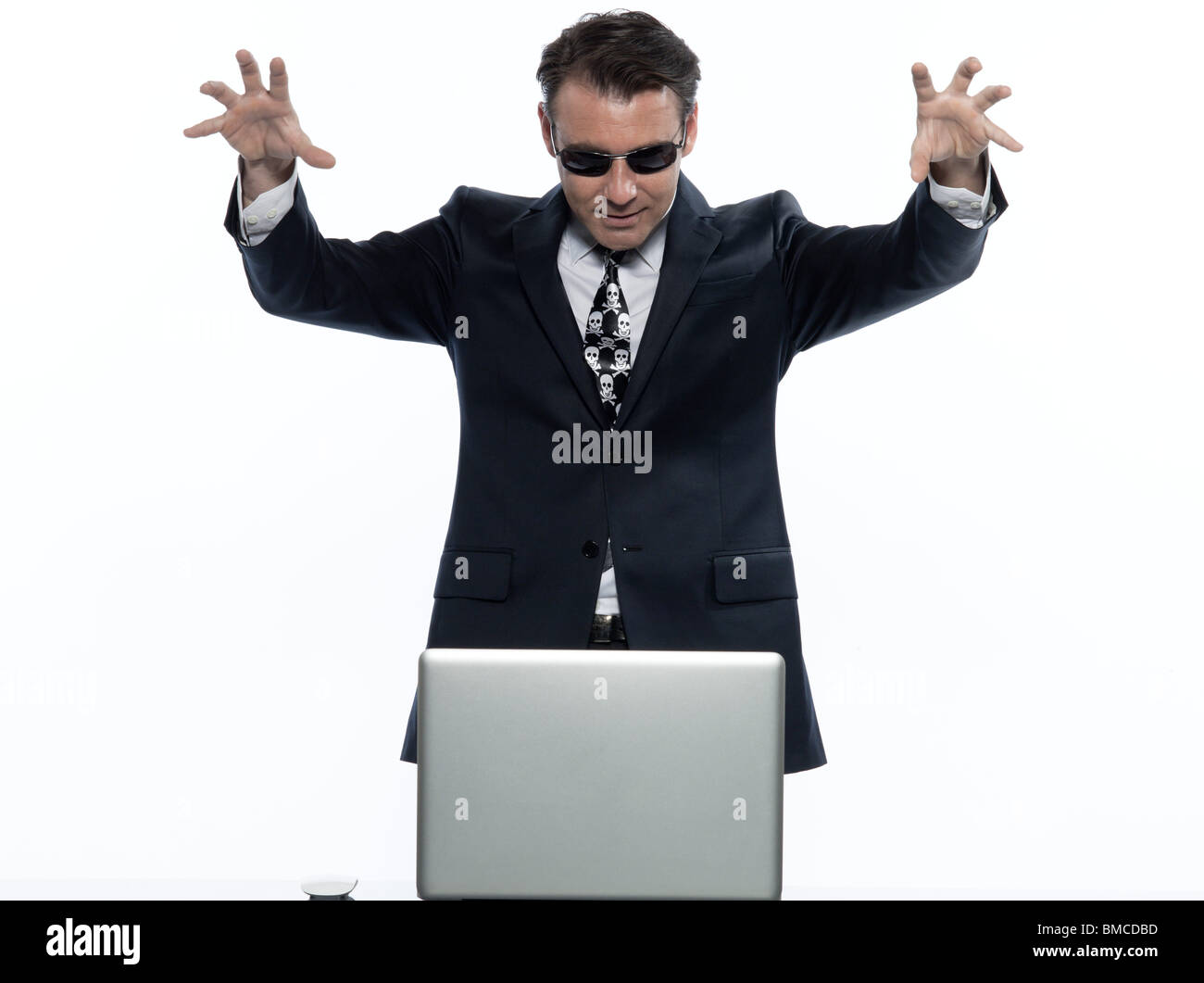 man caucasian hacker computer attack isolated studio on white ...
