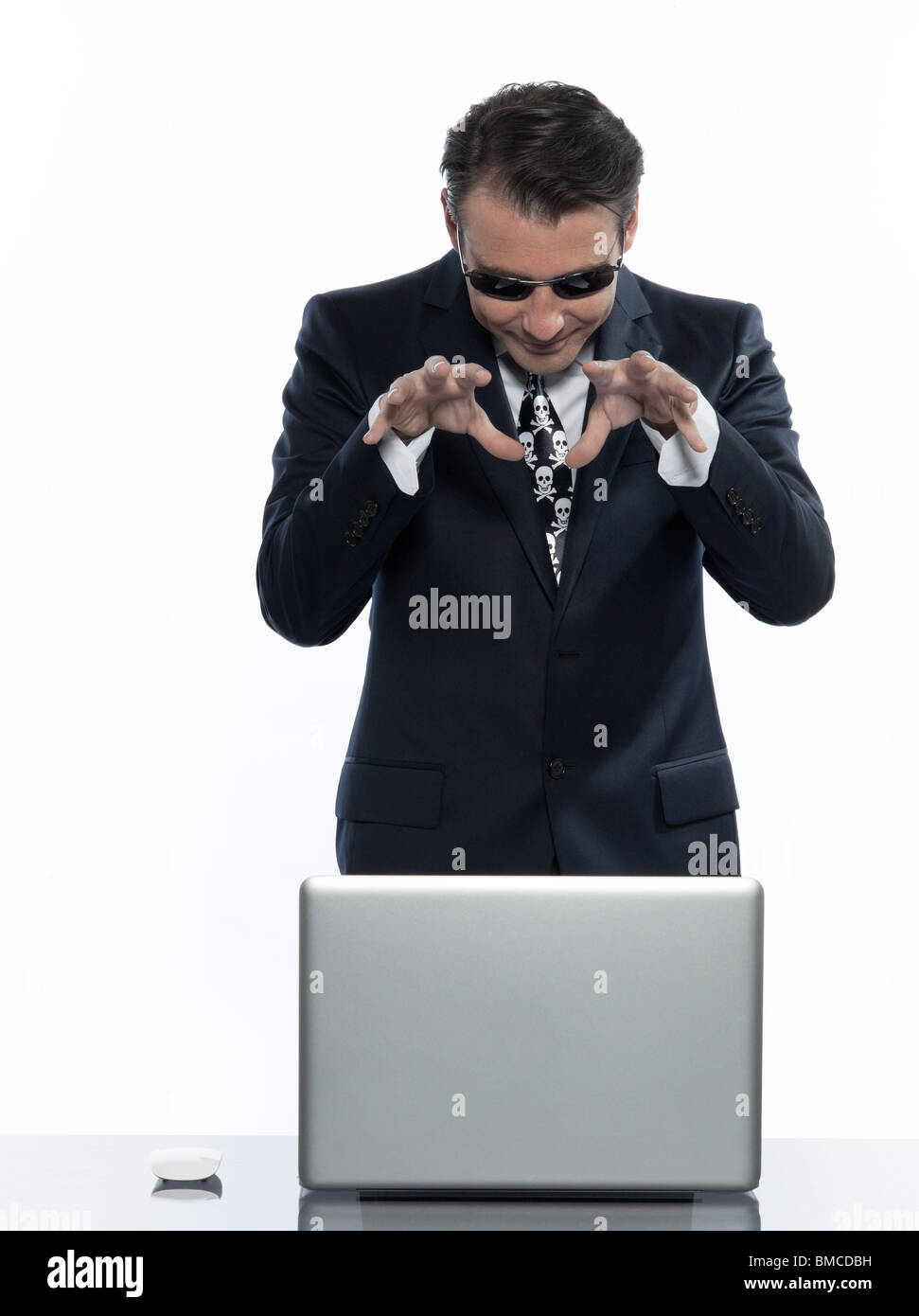 man caucasian hacker computer attack isolated studio on white ...