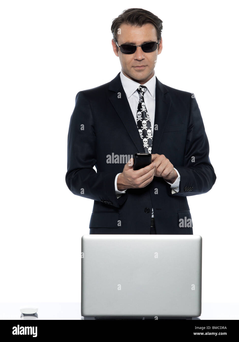 man computer hacker pirate caucasian in studio isolated on white ...