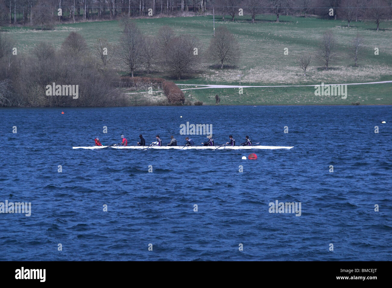 Rowing team practicing on Wimbleball Lake. Somerset. England Stock ...