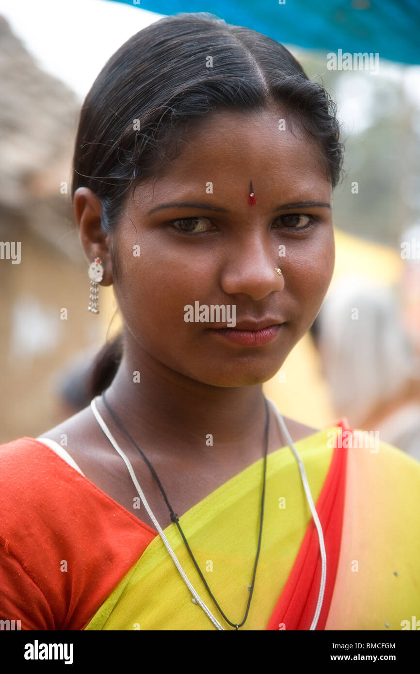 Closeup portrait of ethnic young married female rural India beautiful ...