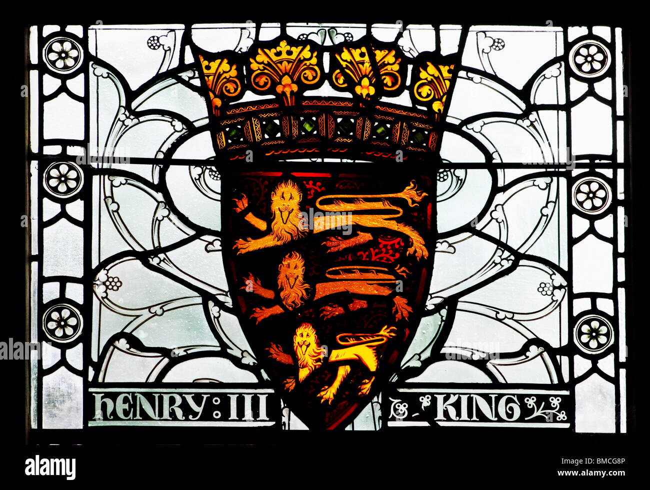 Stained glass window in The Great Hall in Winchester, England depicting ...