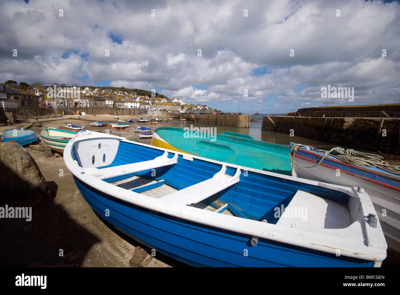 Mousehole Cornwall UK Harbor Harbour Quay Fishing Boats Beach Stock ...