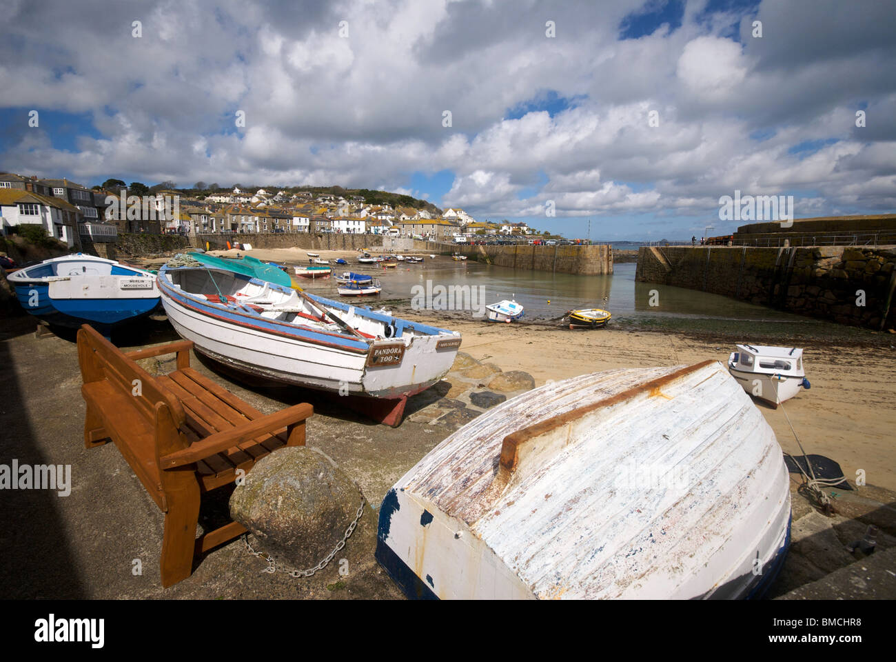 Mousehole Cornwall UK Harbor Harbour Quay Fishing Boats Beach Stock ...