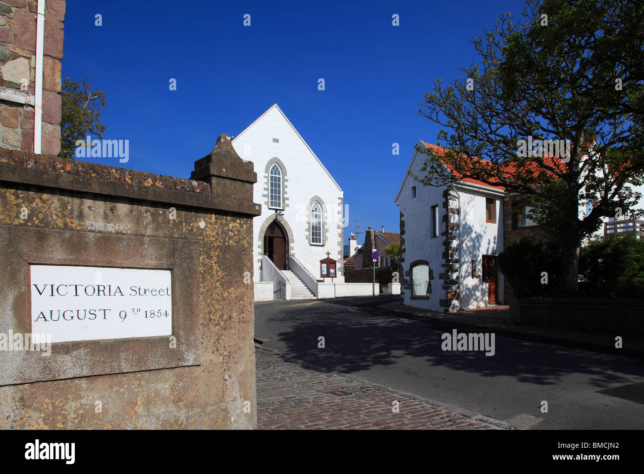 Victoria Street and Methodist Church in St. Anne, Alderney, Channel ...