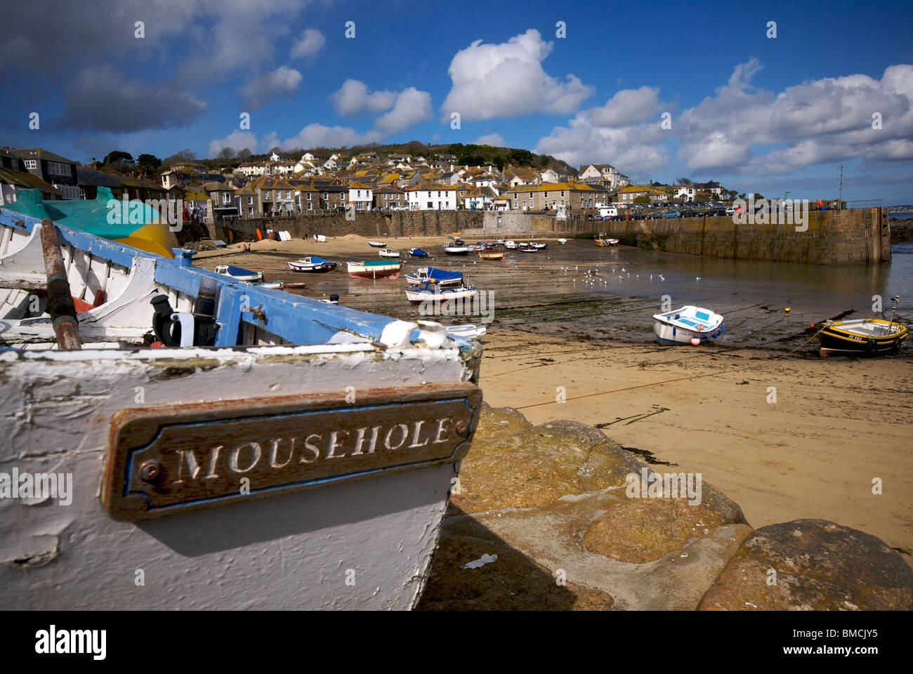 Mousehole Cornwall UK Harbor Harbour Quay Fishing Boats Beach Stock ...
