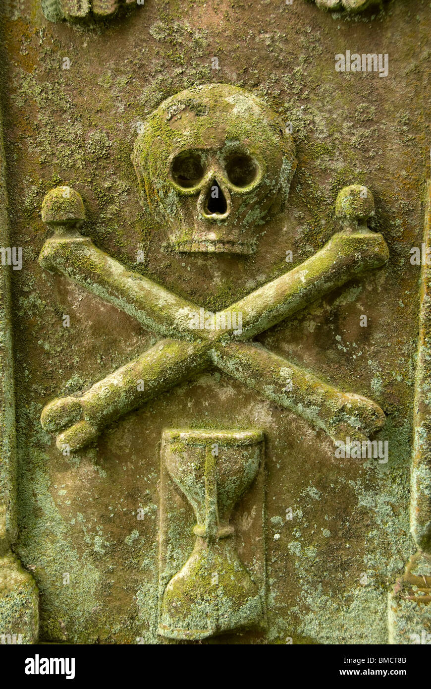 Skull and crossbones, and an hourglass on a gravestone at Whithorn ...