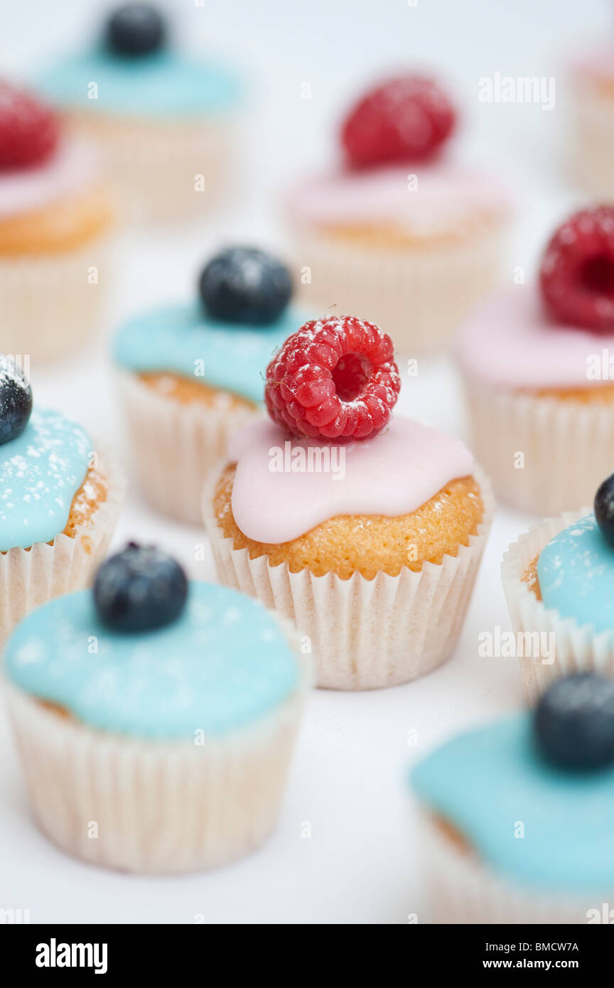 Colourful blueberry and raspberry mini fruit cupcakes on a white ...