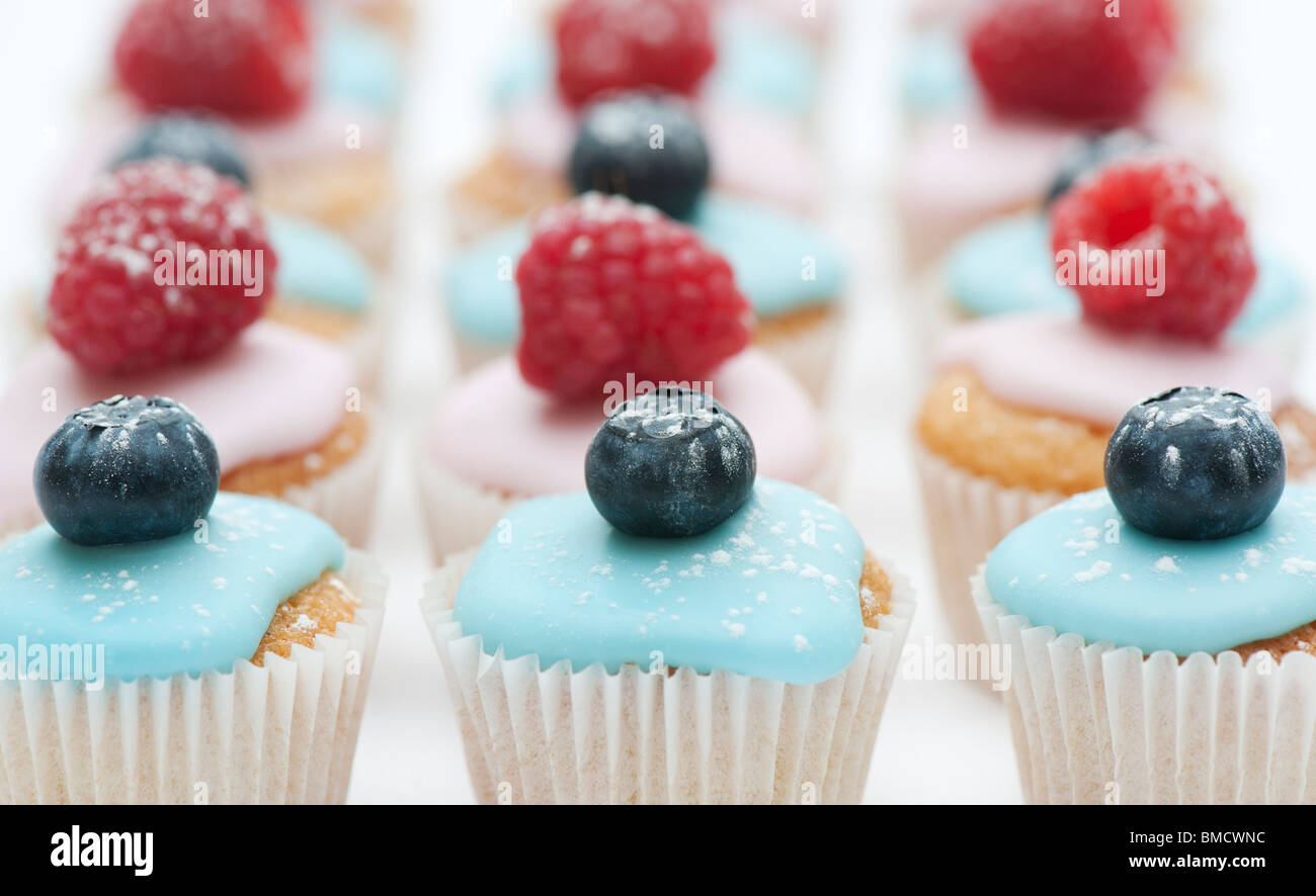 Colourful blueberry and raspberry mini fruit cupcakes on a white ...